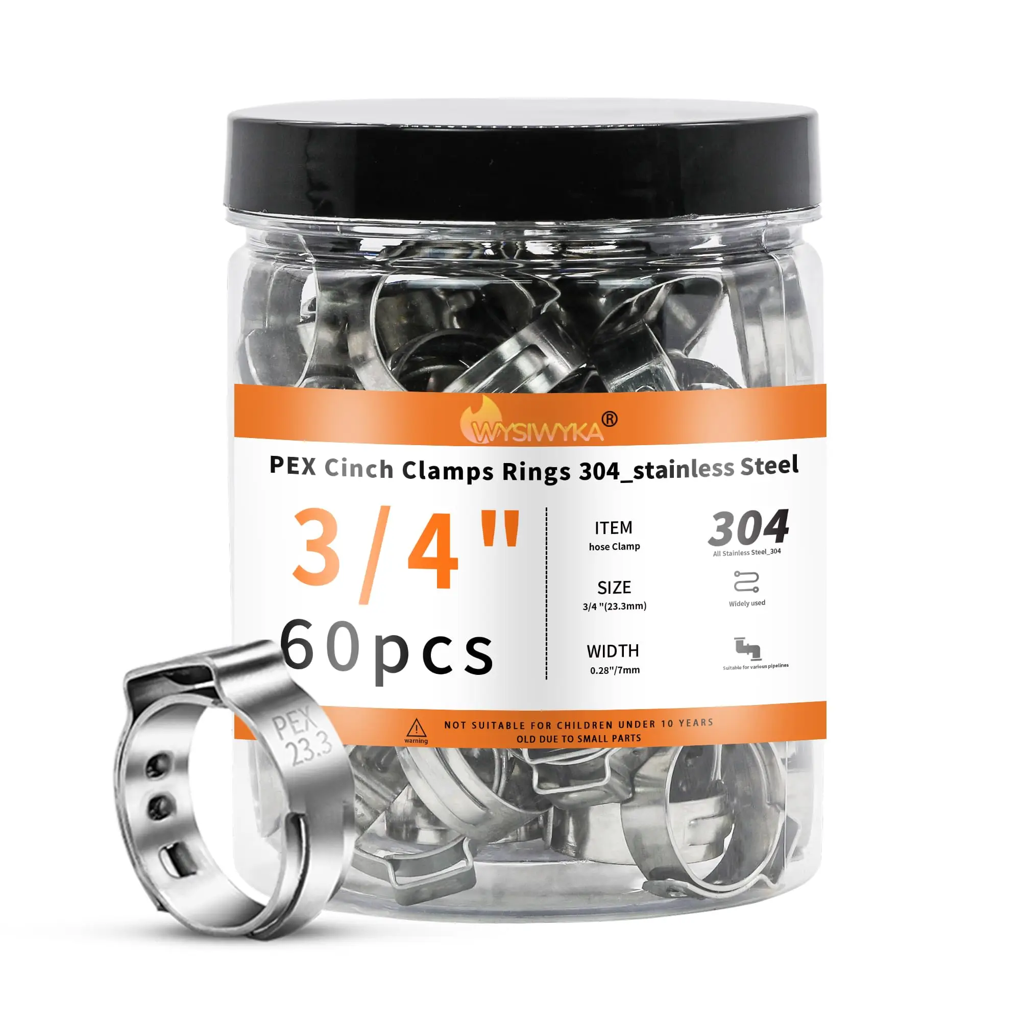 60PC-PEX-Single-Ear-Hose-Clamp-Cinch-Clamp-Ring-3-8-1-Inch-304 ...