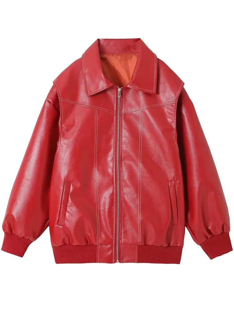 Willshela-Women-Fashion-PU-Red-Front-Zipper-Bomber-Jackets-Vintage ...