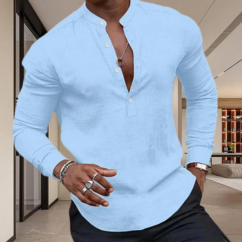 Spring Fall Men Shirt Solid Color Henry NeckLong Sleeve Casual Shirt ...