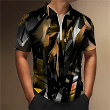 Camisas polo estampadas em 3D masculinas, roupas com zíper, lapela ...