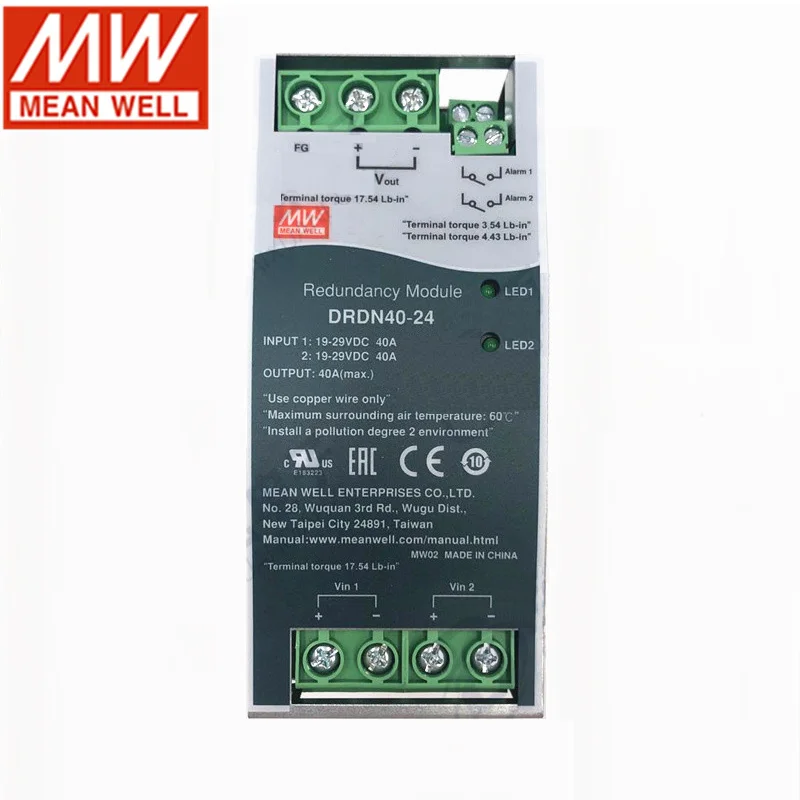 MEAN WELL DRDN40 Series DC12V 24V 48V 40A Redundancy Module DIN Rail Power Supply For Redundant ...