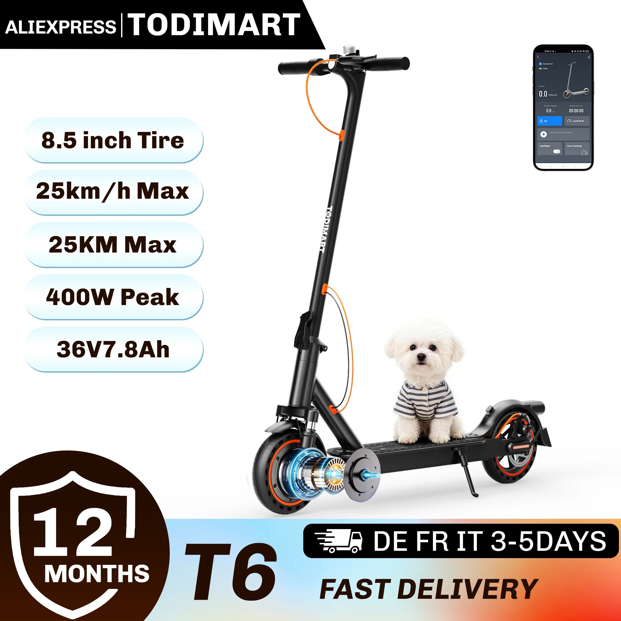 T6 TODIMART Electric Scooter With Spring Shock absorb Maximum Range 30 ...