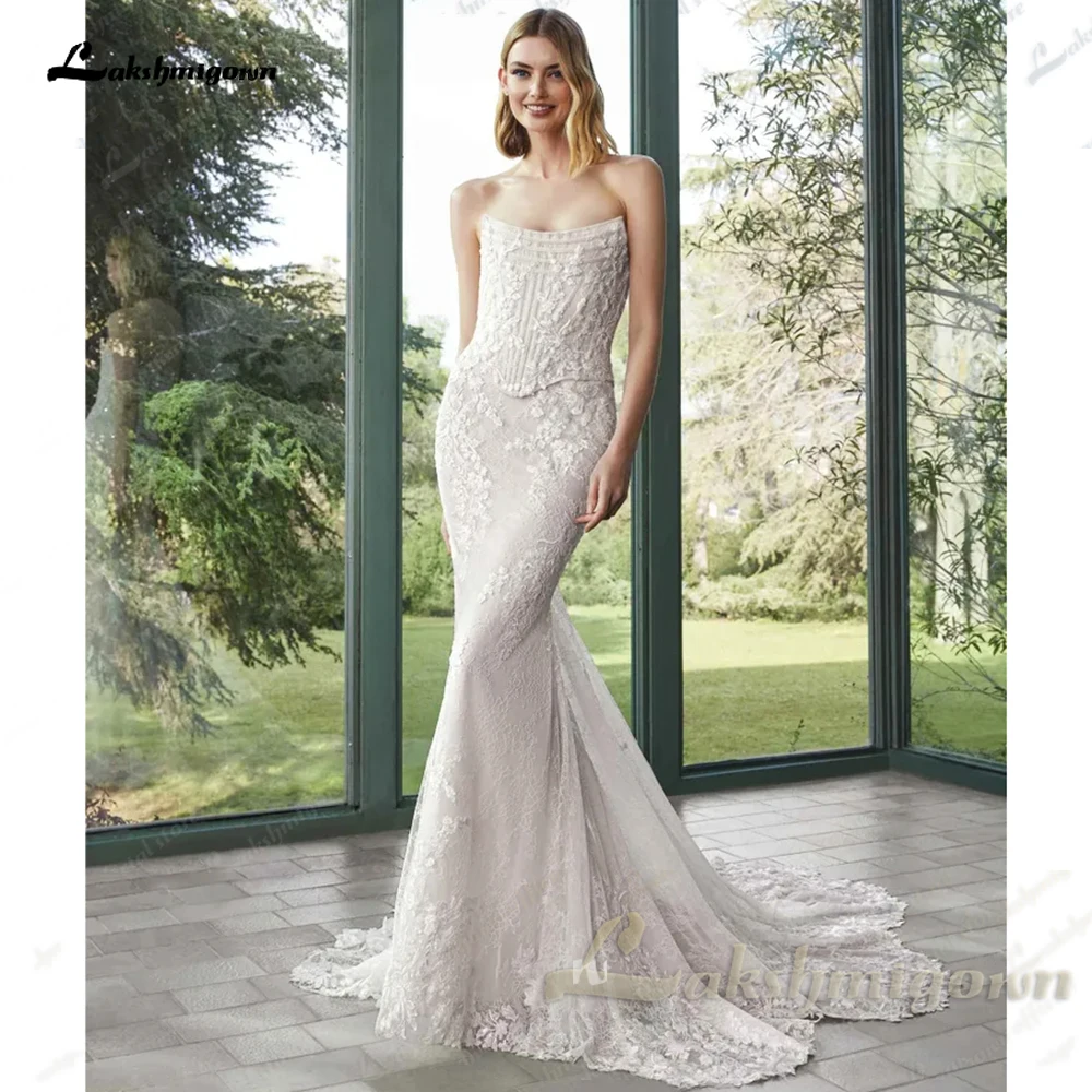 Lakshmigown Strapless Mermaid Wedding Dress With Lace Up Lace Applique ...