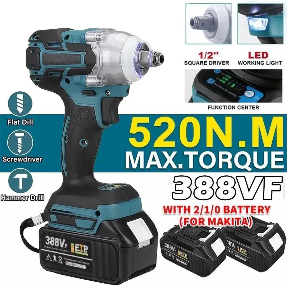520N.M Brushless Cordless Electric Impact Wrench 1/2 inch Lithium ion Battery 18V Compatible ...