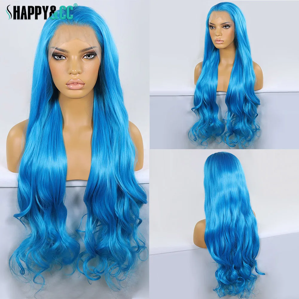 28Inch Blue Lace Front Wigs Long Natural Wave Synthetic Hair Wig Pre ...