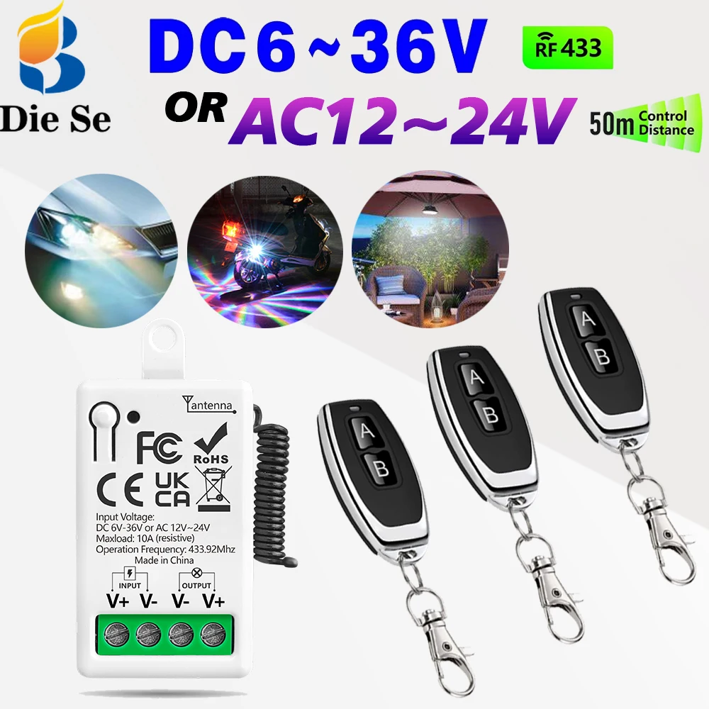 RF433Mhz Wireless Remote Control Switch DC 6V 12V 24V AC12V 24V 10A ...