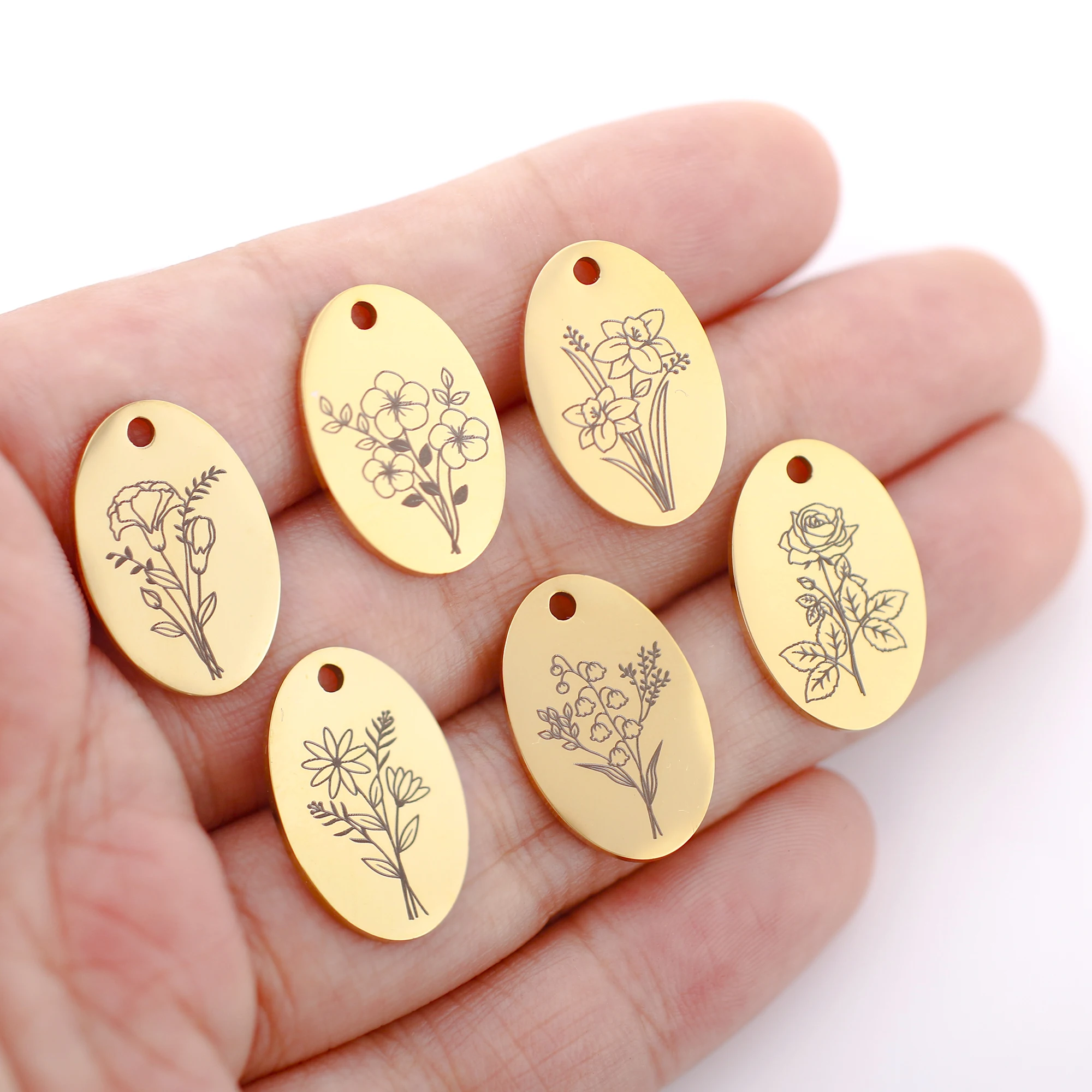 5Pcs-Oval-Birth-Month-Flower-Pendants-Stainless-Steel-Dainty-Floral ...