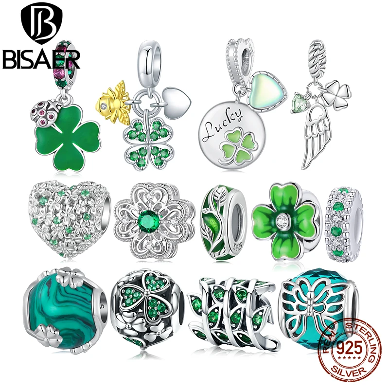 BISAER 925 Sterling Silver Four Leaf Clover Charm Bead Green CZ Pendant ...