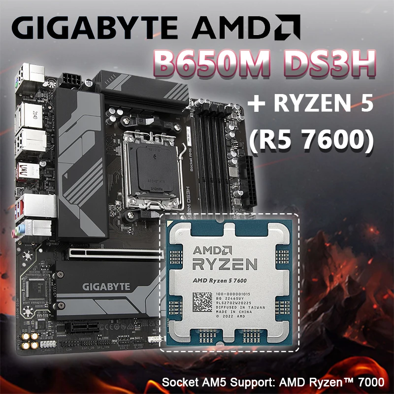 AMD Ryzen 5 7600 R5 7600 CPU + Placa Mãe GIGABYTE GA B650M DS3H Terno AMD B650 DDR5 Soquete AM5 ...