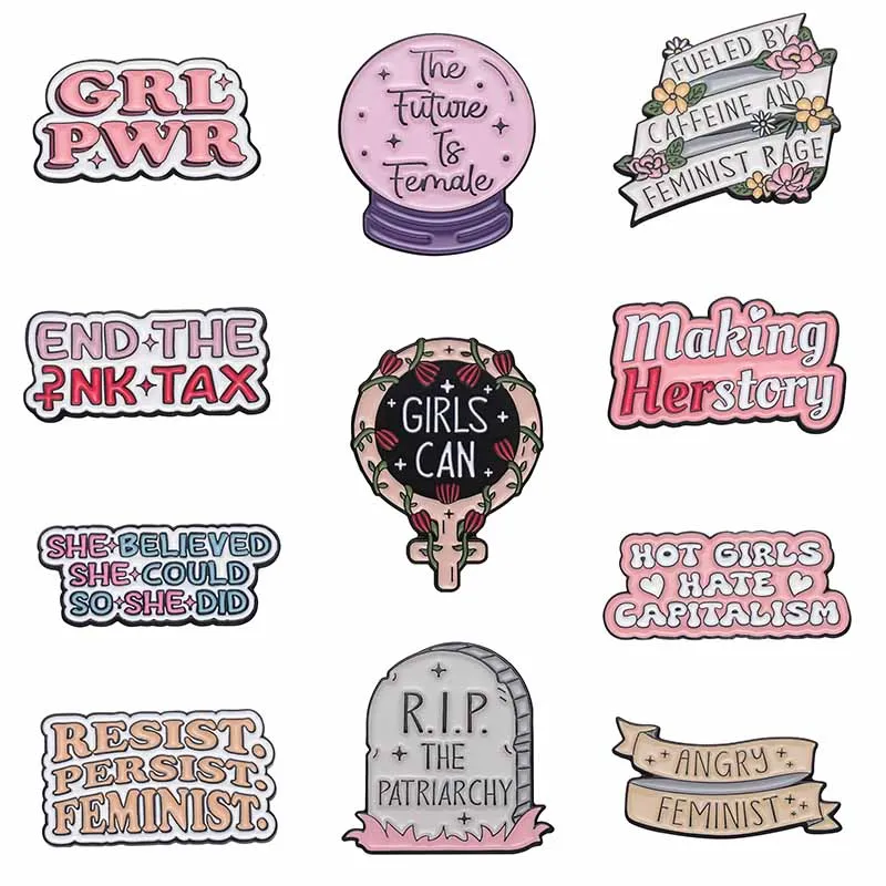 Feminist-Quotes-Enamel-Pins-Making-Her-Strong-Girls-Can-GRL-PWR-Brooch ...