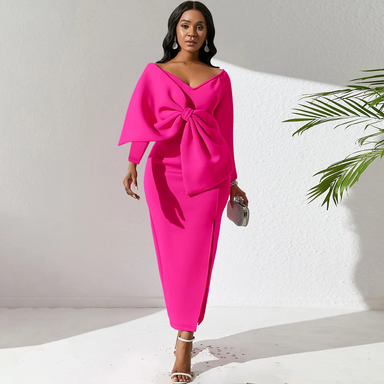 Women Dress Sexy Length Dresses V Neck Full Sleeve Bow Splice Slim Fit