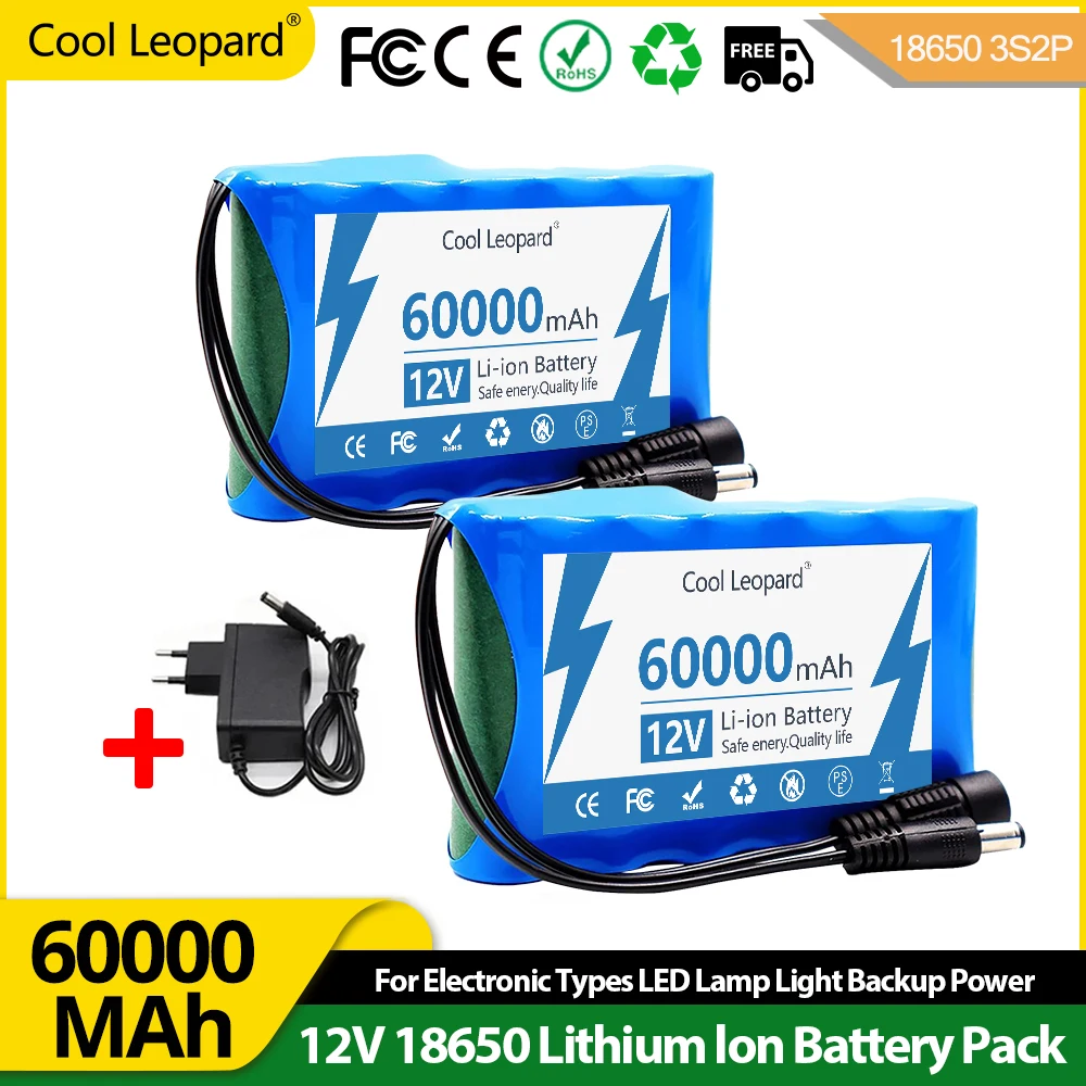 18650-12V-Rechargeable-Battery-Portable-60000mAh-3S2P-Lithium-Ion ...