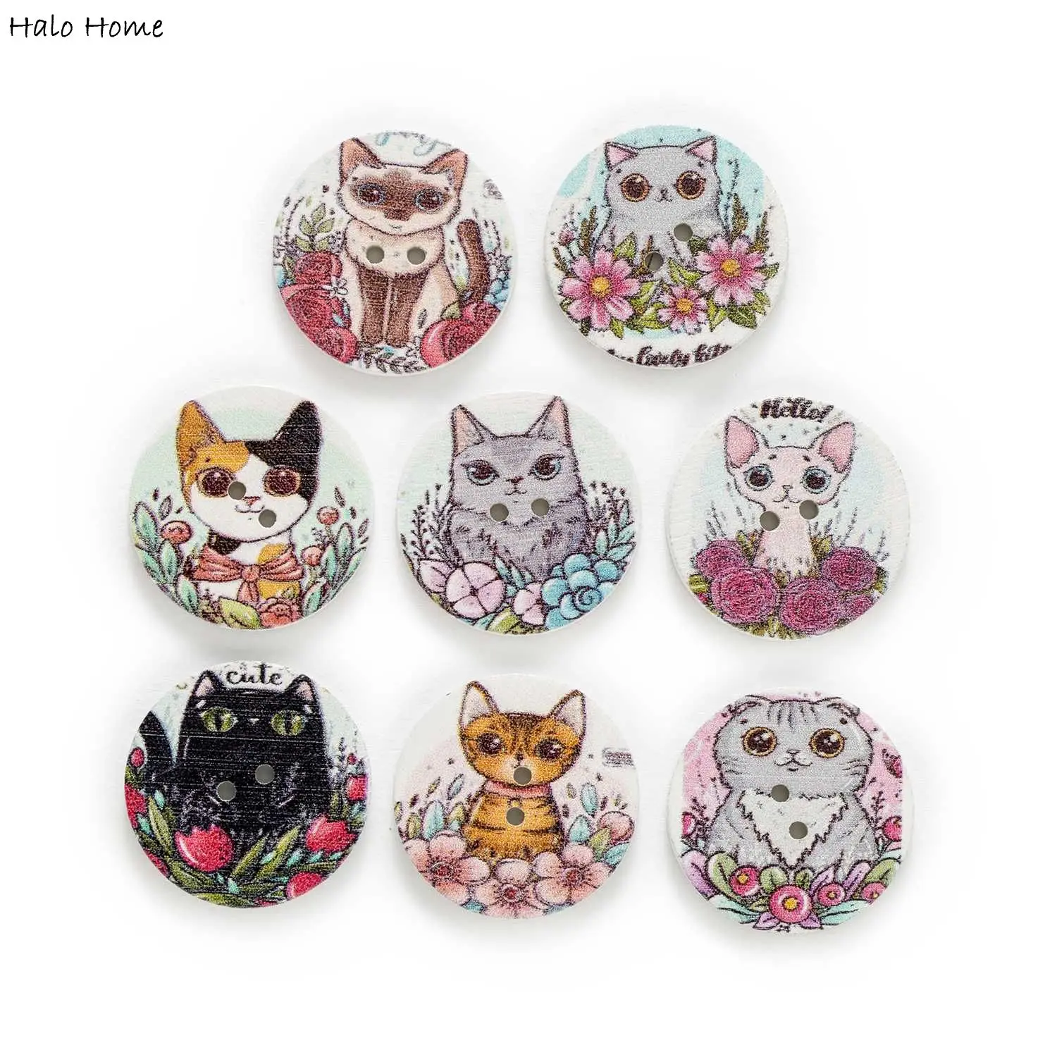 50pcs-Cat-With-Flower-Print-Series-Wooden-Buttons-Handwork-Sewing ...