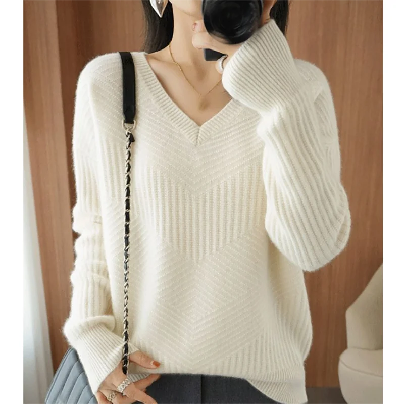 2023-Winter-Women-V-Neck-Knit-Sweater-Sweet-Fashion-Elegant-Loose ...