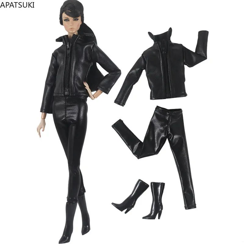 Black Leather Zipper Coat Jacket Clothes Set For Barbie Doll Outfits ...