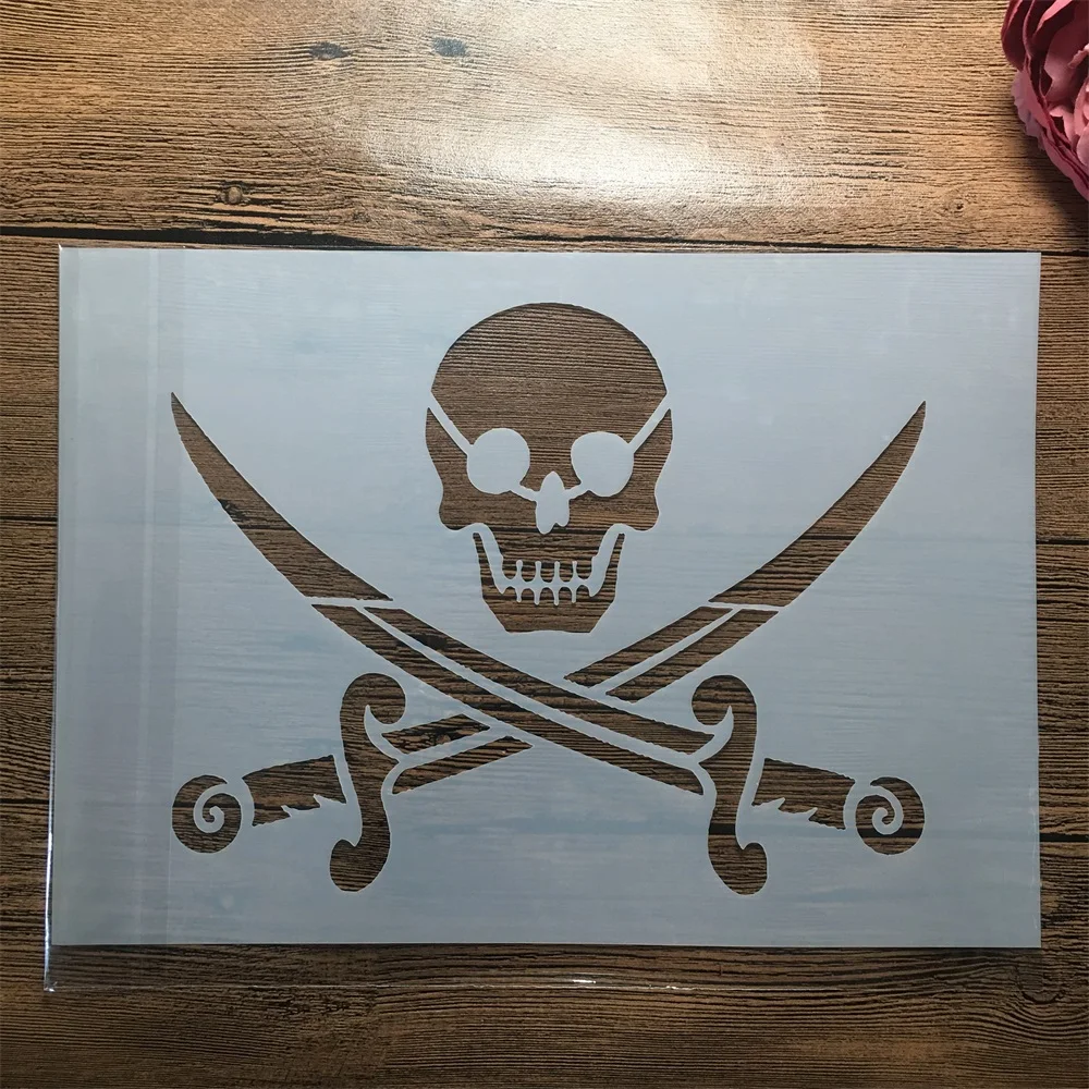 A4 29cm Pirate Skull Swords DIY Layering Stencils Wall Painting Scrapbook Coloring Embossing ...