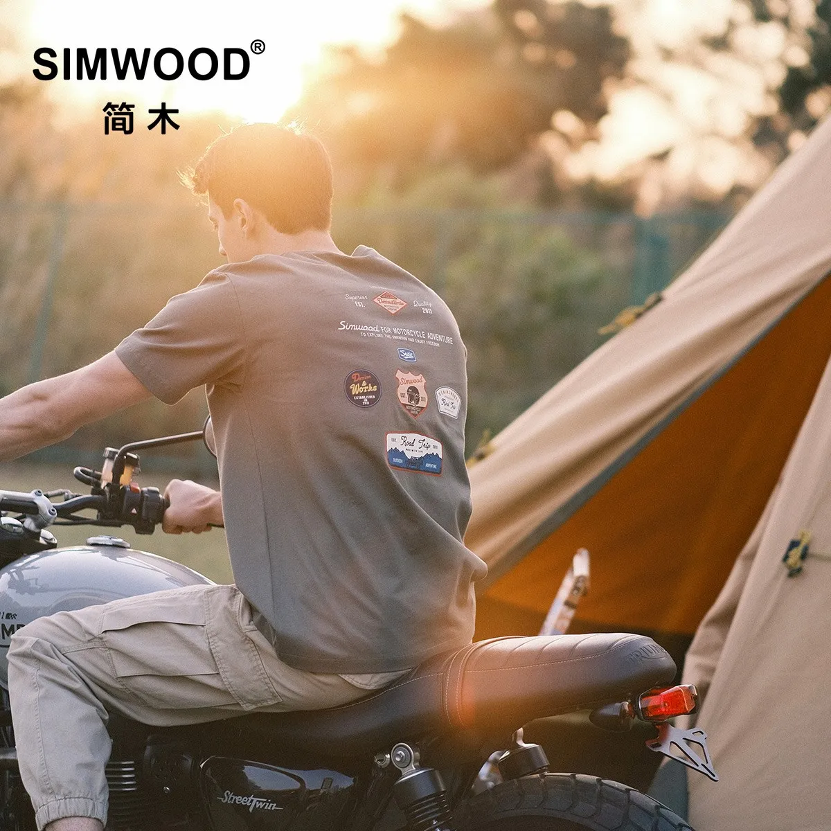 Simwood 2023 verão novo crachá impressão t shirts masculina moda 100% algodão respirável topos ...