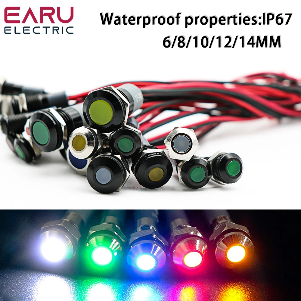6/8/10/12/14mm Black Body Flat Head Waterproof IP67 Metal LED Warning ...