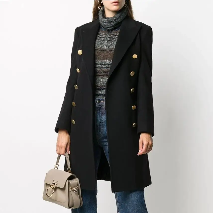 Autumn winter elegant double breasted woolen coat women slim ol long ...