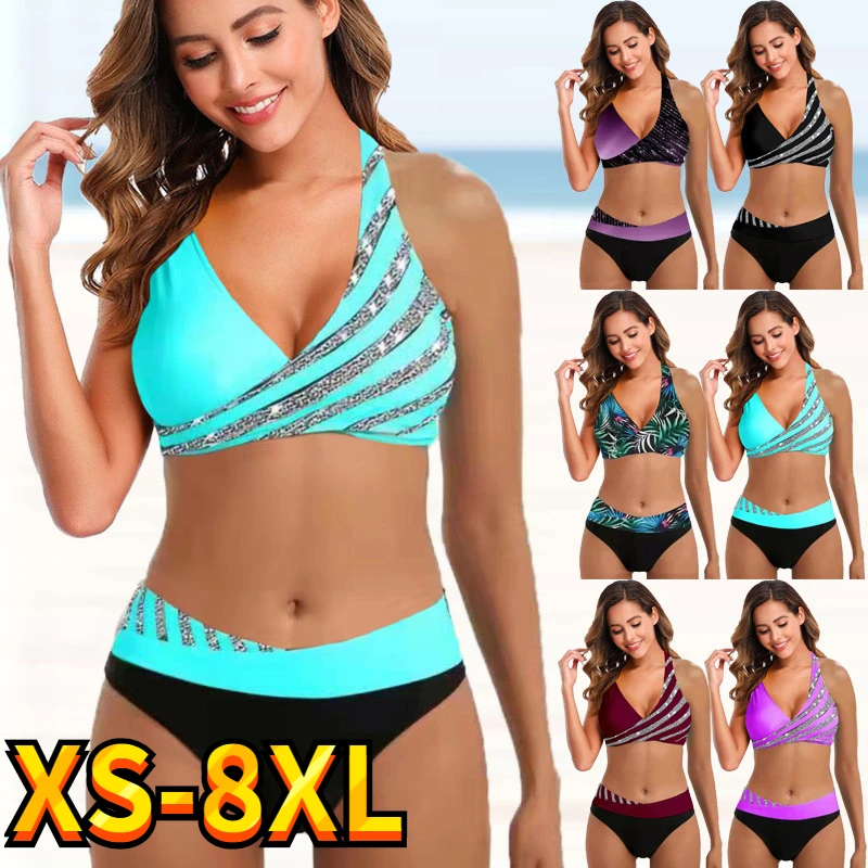 2022 women sexy stripe print two piece bikini set new female oversize swimsuit summer beach wear ...