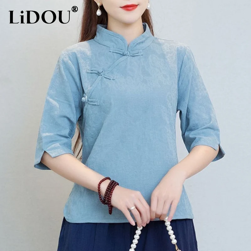 2023 Summer New Cotton Hemp Chinese Style Shirt Women Round Neck Half ...