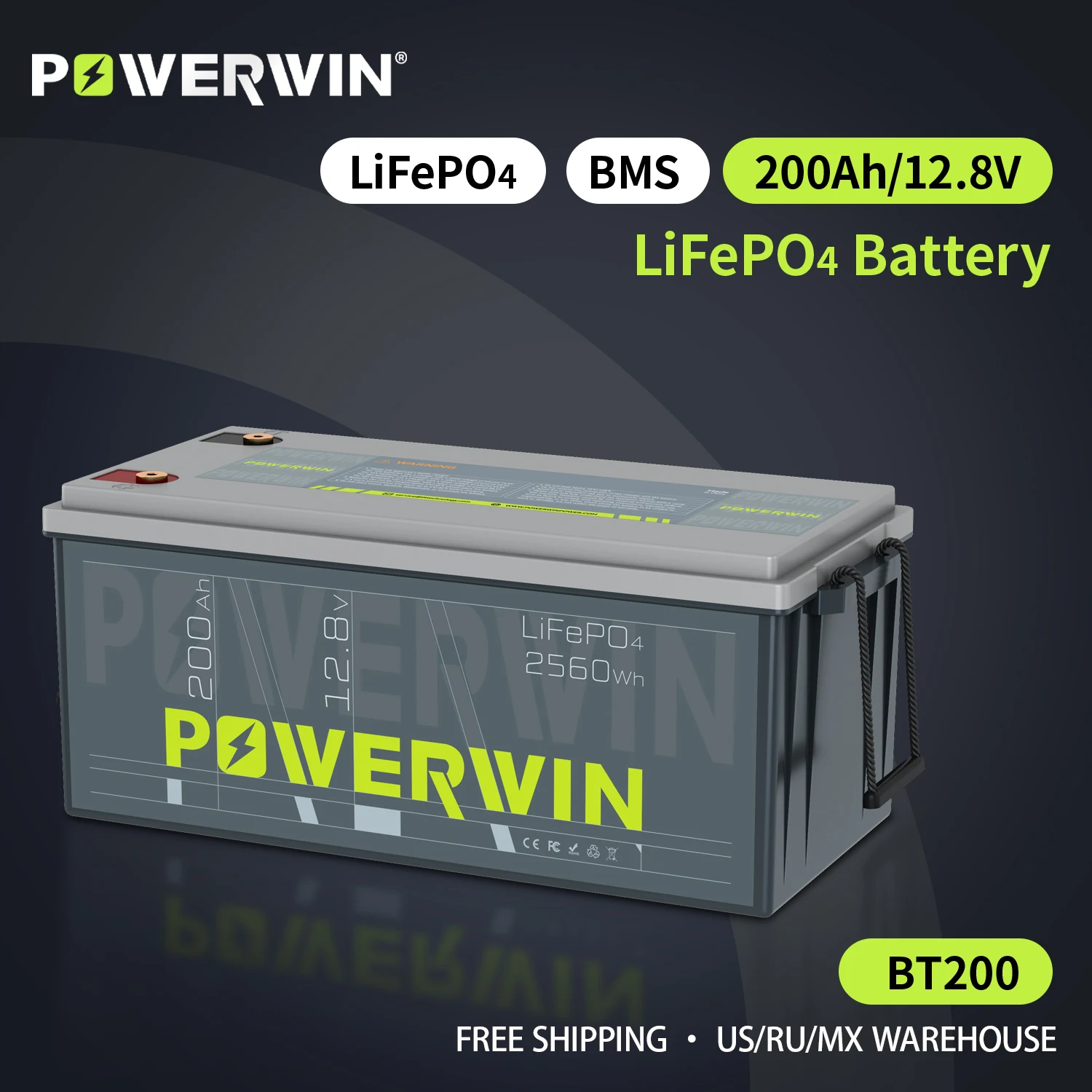 POWERWIN-12-8V-200Ah-LiFePO4-2560Wh-1280W-BT200-Solar-Rechargeable ...