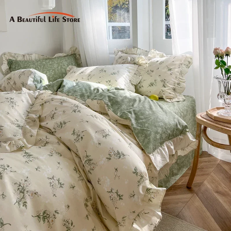 Small-Floral-Printed-Lace-Ruffle-Bedding-Set-Simple-Fresh-Flower-Single ...