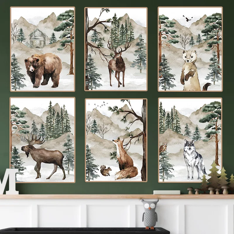 Bear-Deer-Fox-Wolf-Forest-Jungle-Animal-Nursery-Wall-Art-Canvas ...