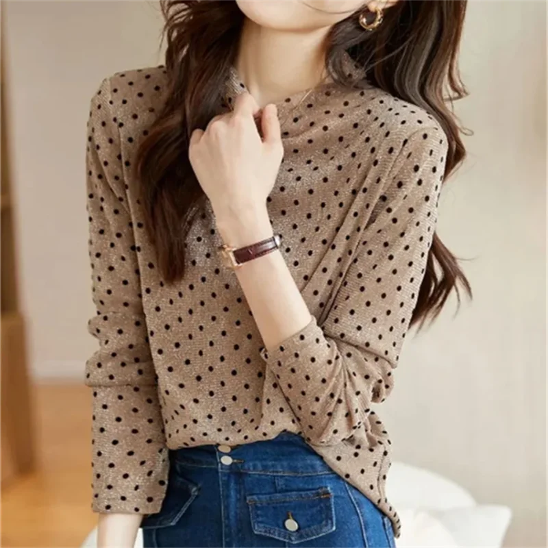 Bright-Silk-Ladies-T-shirts-Elastic-Bottom-Tops-Women-s-Tshirts-Dots ...