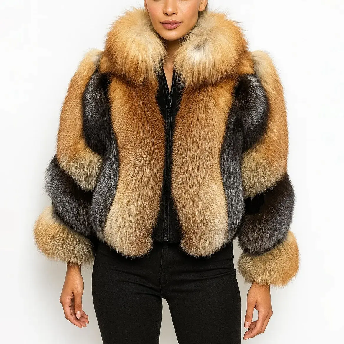 Women's Real Red Fox Fur Jacket With Silver Fox Collar Coat Thick Warm ...