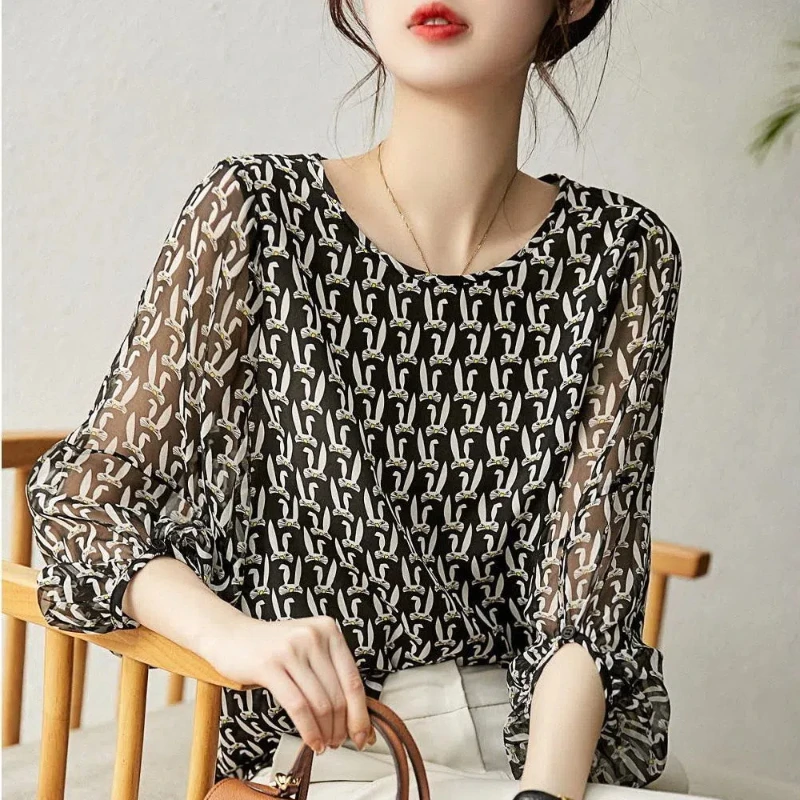 Camisa-holgada-informal-para-mujer-Camisa-de-gasa-con-cuello-redondo-y ...