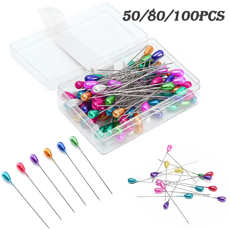 50-80-100Pcs-Long-Pearl-Head-Sewing-Pins-Pear-Shaped-Color-Straight-Pin ...