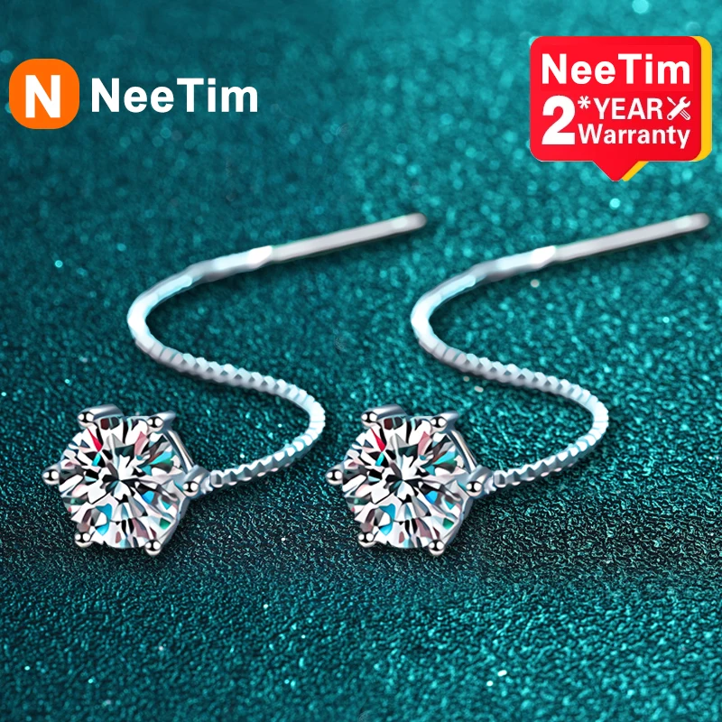 NeeTim 1CT Moissanite Earrings S925 Sterling Silver Plated with White Gold Ear Wire Line Drop ...