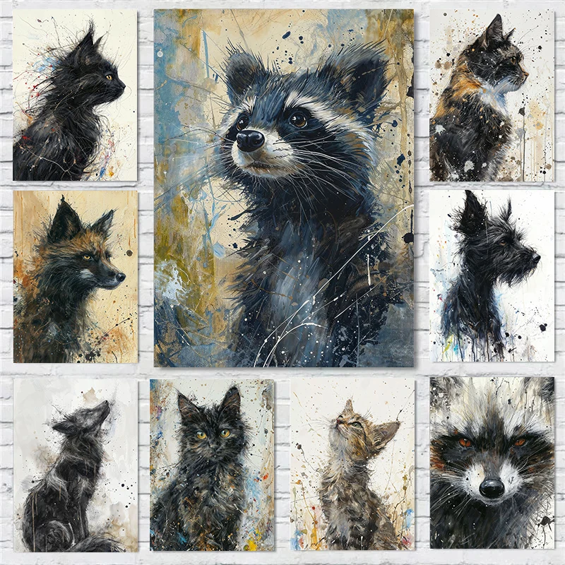 Splash-ink Wild Animals Poster Cat Fox Bear Raccoon Rabbit Prints ...