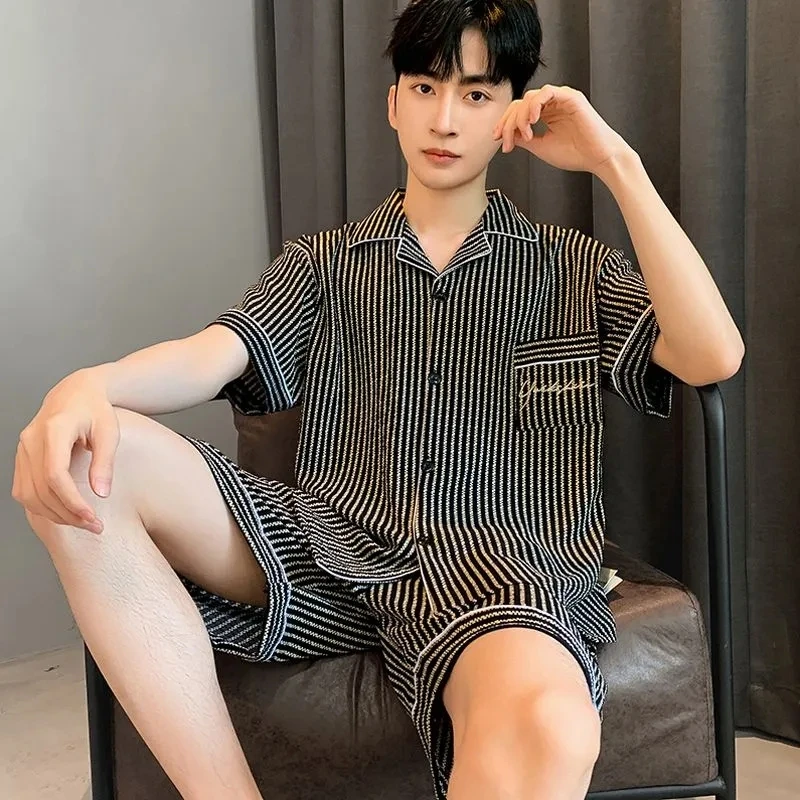 Summer-Men-Sleepwear-Striped-Cotton-Pajamas-Sets-for-Men-Short-Sleeve ...