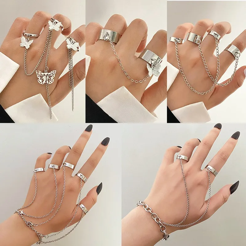 Vintage Punk Chain Butterfly Finger Rings Bracelet Adjustable Statement ...