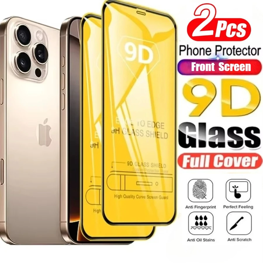 2Pcs 9D Full Cover Screen Protector For iPhone 16 15 14 Pro Max 12 13 ...