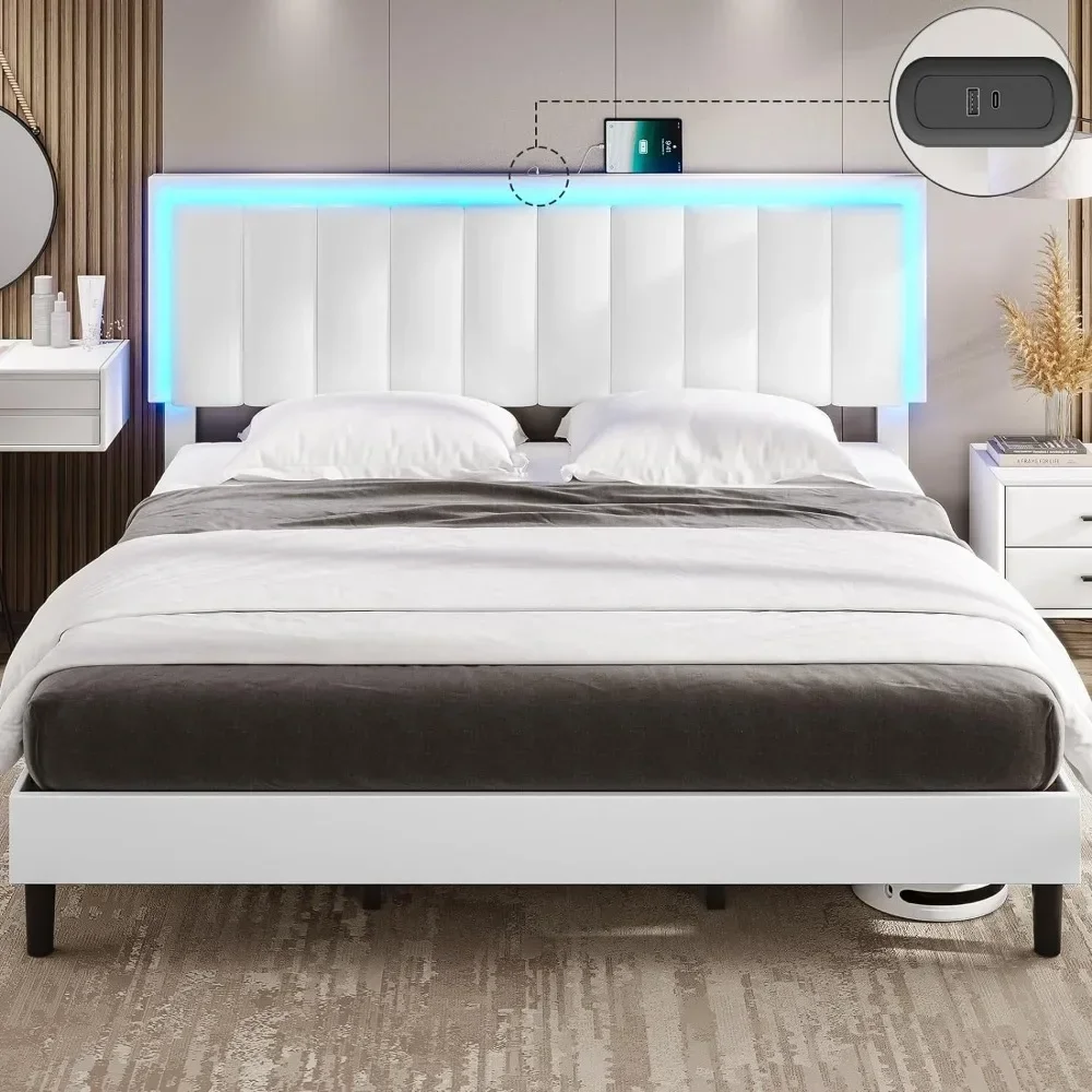 King-Size-Bed-Frame-with-Led-Lights-and-USB-Ports-King-Led-Platform-Bed ...