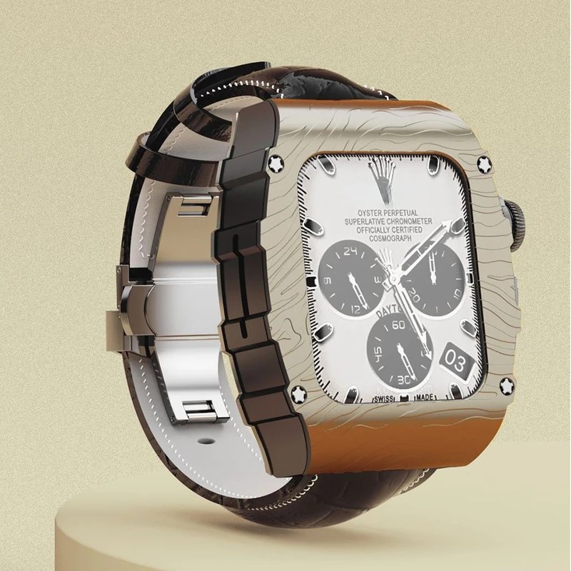 316L-Stainless-Steels-Case-45MM-For-Apple-Watch-8-7-6-5-Leather-Strap ...