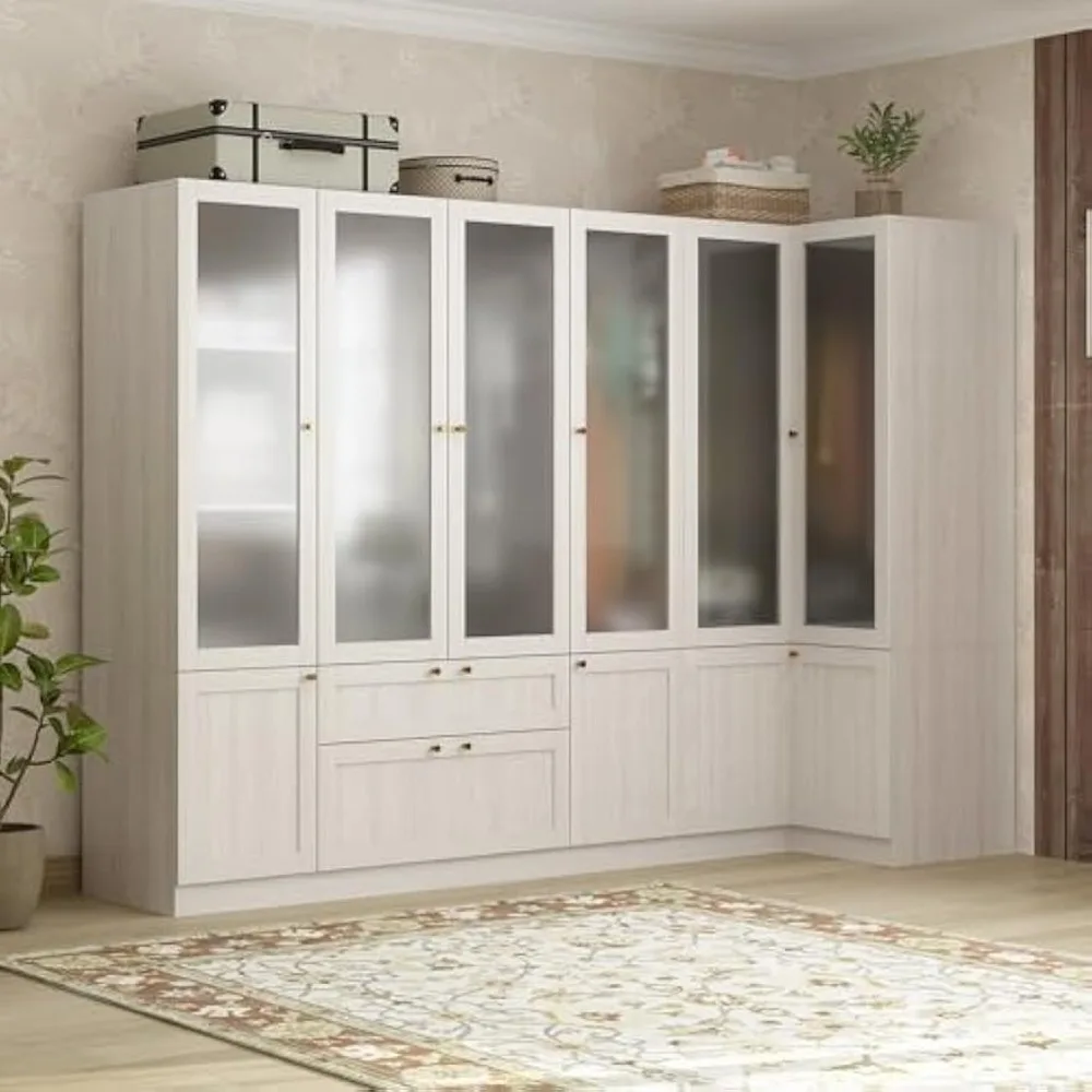L-Shape-Armoire-Wardrobe-Closet-with-6-Frosted-Glass-Doors-Hanging-Bars ...