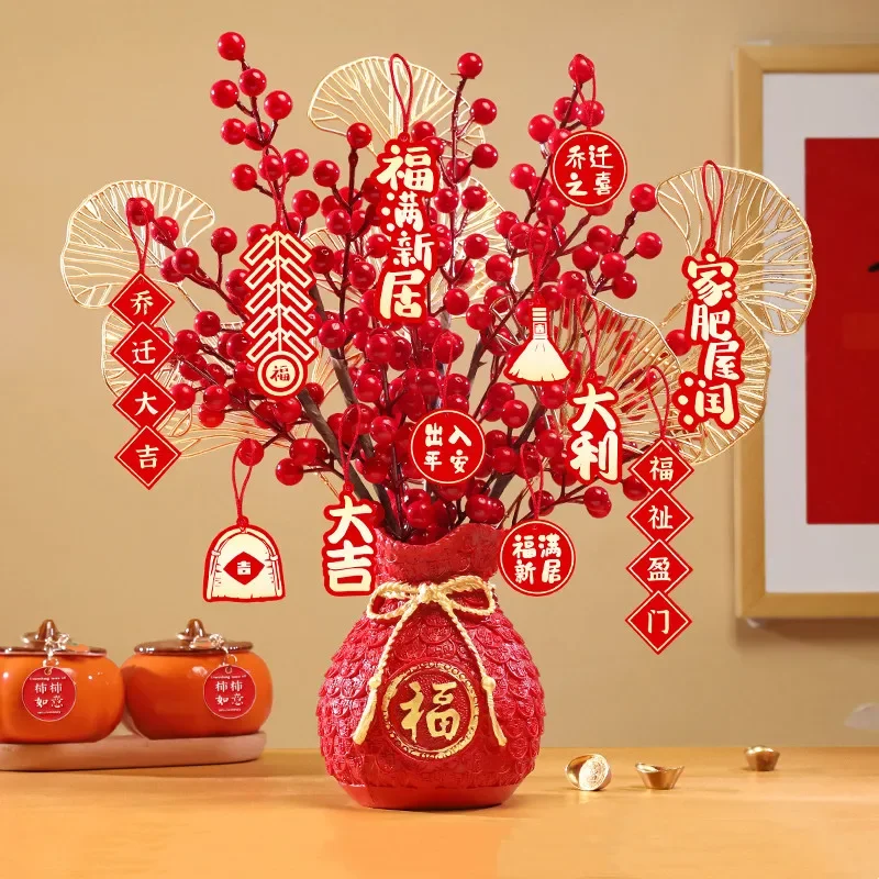Chinese New Year Decoration Flower Basket, Christmas Red Berry Branches ...