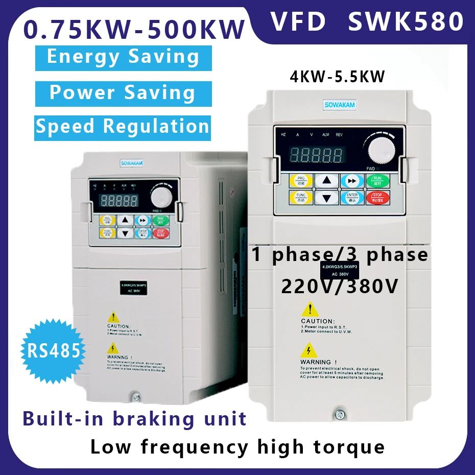 VFD AC 가변 주파수 드라이브, PID 제어 내장 브레이크 유닛, RS485 모터 속도 조절 범용, 4KW, 5KW, 3PH ...