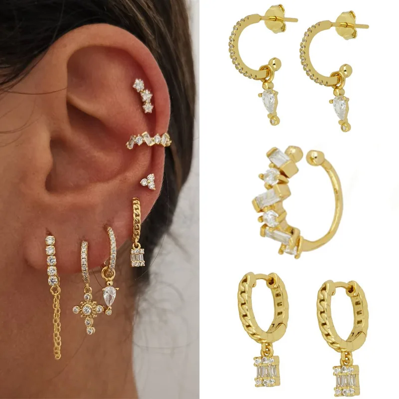 White Cubic Zirconic Hoop Earrings For Women Geometric Pendant ...