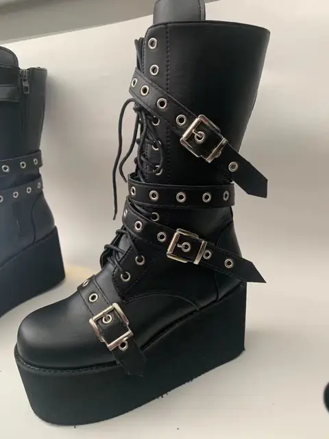Black Gothic Motorcycle Boots Zip High Heel Punk Chunky Platform Mid ...