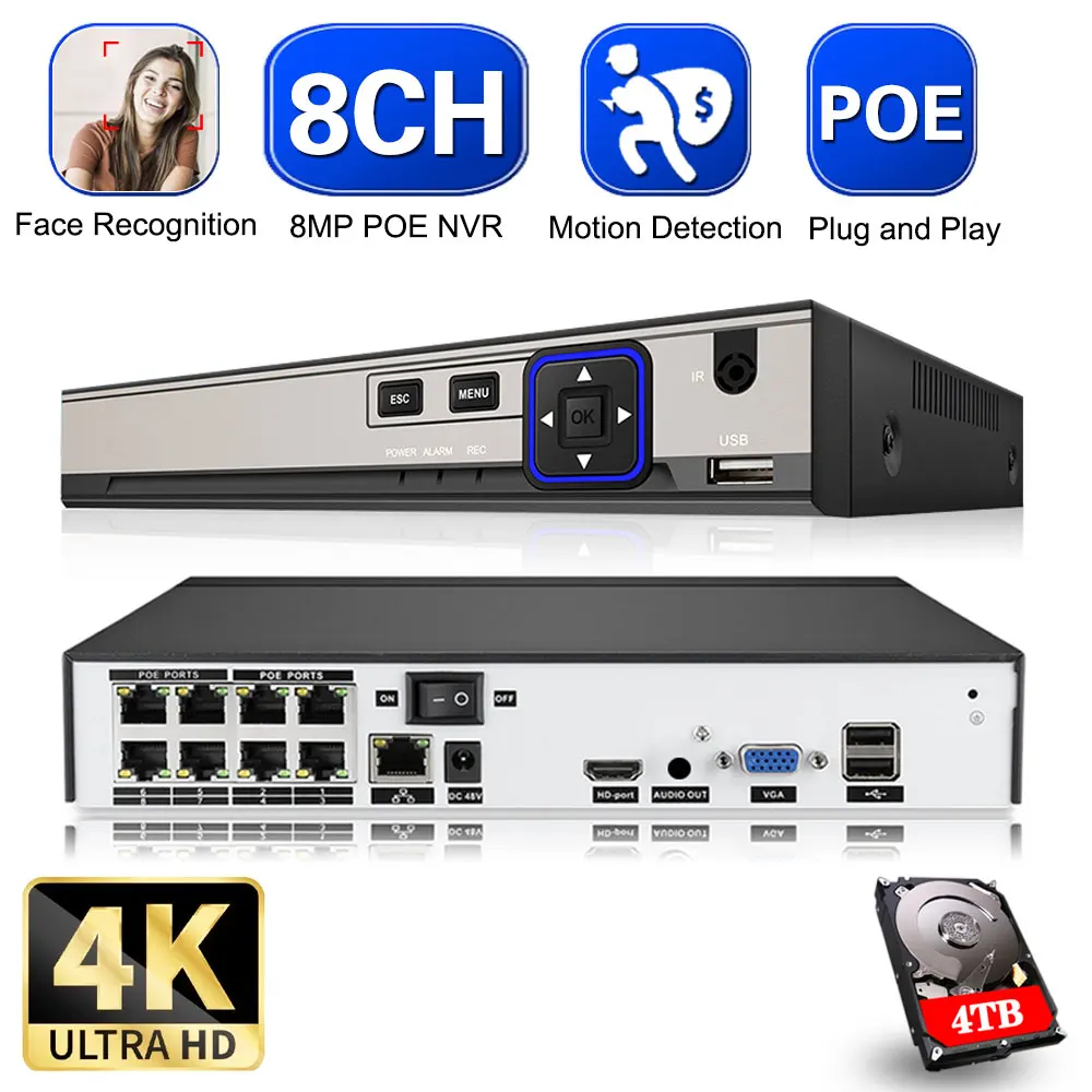 8MP 얼굴 탐지 4CH 8CH POE 4K NVR H.265 NVR 네트워크 비디오 레코더 8 채널 1 HDD 24/7 녹화 ...