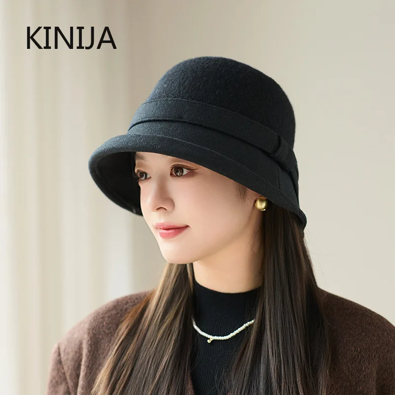 French Style Vintage Bucket Hat Felt Hat with Folded Shape Women Autumn ...