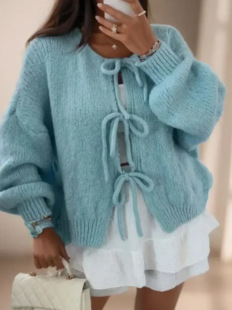 Korean Crewneck Lace-up Knitted Cardigan Jacket for Autumn Winter 2024 ...
