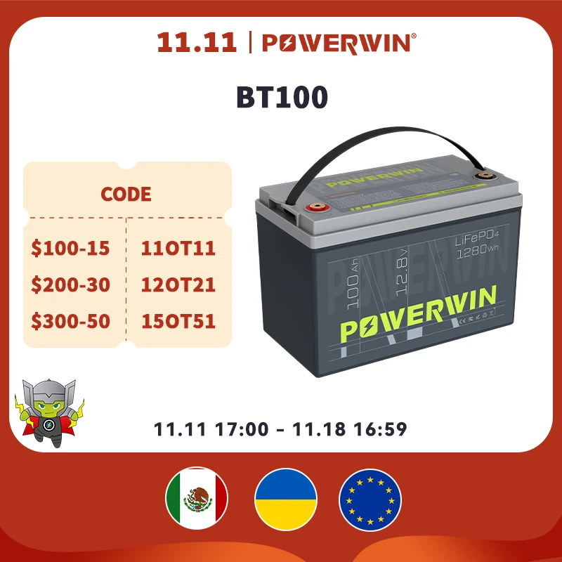 POWERWIN-BT100-LiFePO4-Battery-12V-100Ah-1028Wh-Built-in-BMS-Off-grid ...