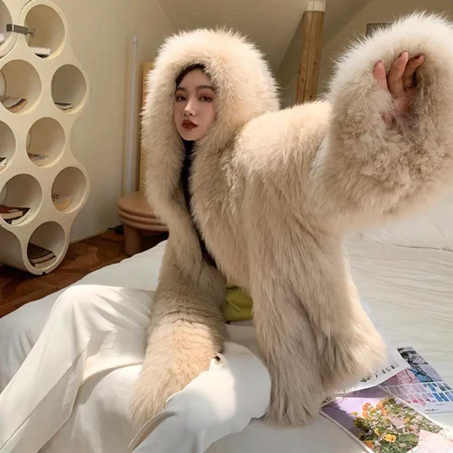 KIDCRKJ Winter Women Eco Fur Coat Pure Color Fur Trim Hood Furry Mink ...