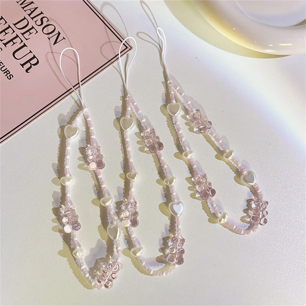 Korean-Cute-Bear-Love-Heart-Beaded-Phone-Charm-Chain-For-iPhone-Women ...